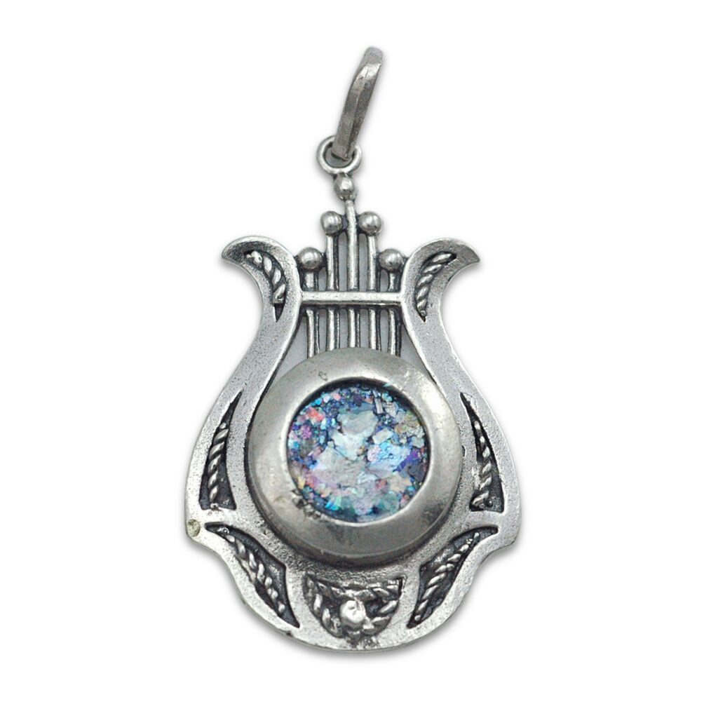 Pendant - David's Harp with Roman Glass, with chain - Galilee Calendars